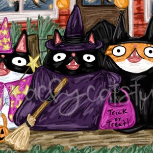 Halloween Cat Art- Trick or Treating Art - Halloween Print - Witch Art ...