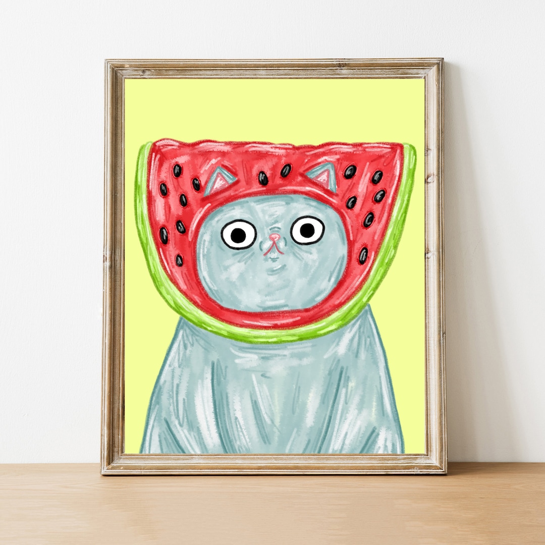 Watermelon Cat Art - Fruit Print - Fruit Kitchen Art - Fruit Cat Print ...