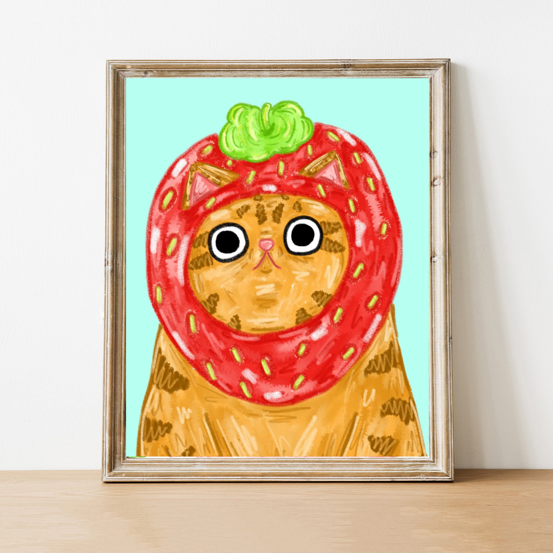 Cat Strawberry Art Print - Cat Strawberry Hat Art - Fruit Art Print ...