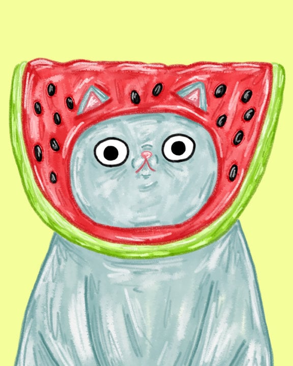 Watermelon Cat Art Fruit Print Fruit Kitchen Art Fruit - Etsy