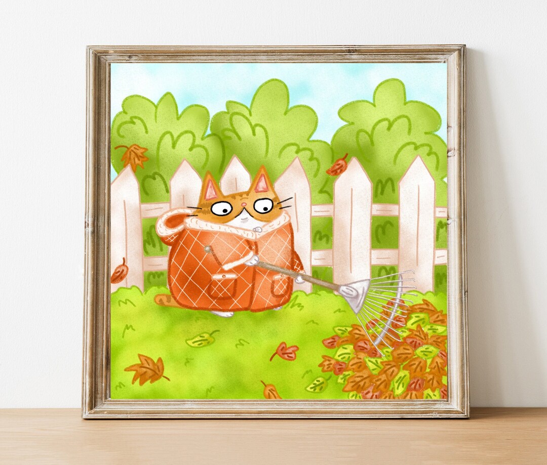 Cat Raking Autumn Leaves Art Print Orange Cat Cozy Fall Painting ...