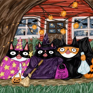 Halloween Cat Art- Trick or Treating Art - Halloween Print - Witch Art ...