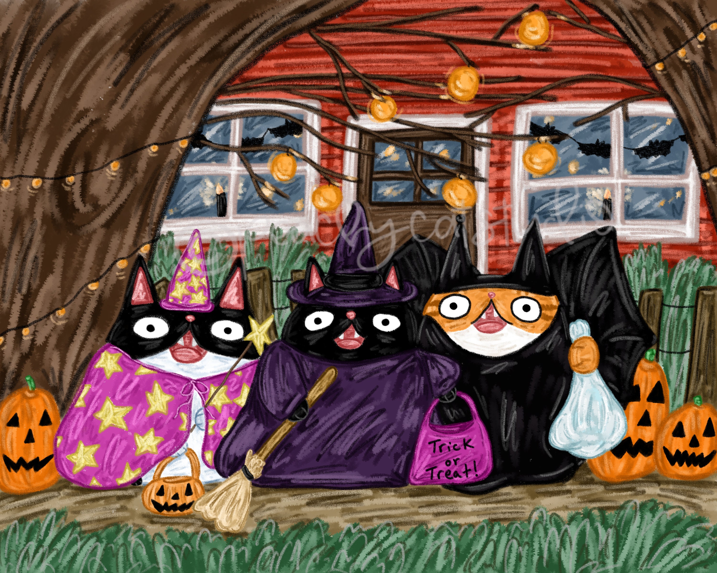 Halloween Cat Art Trick or Treating Art Halloween Print - Etsy