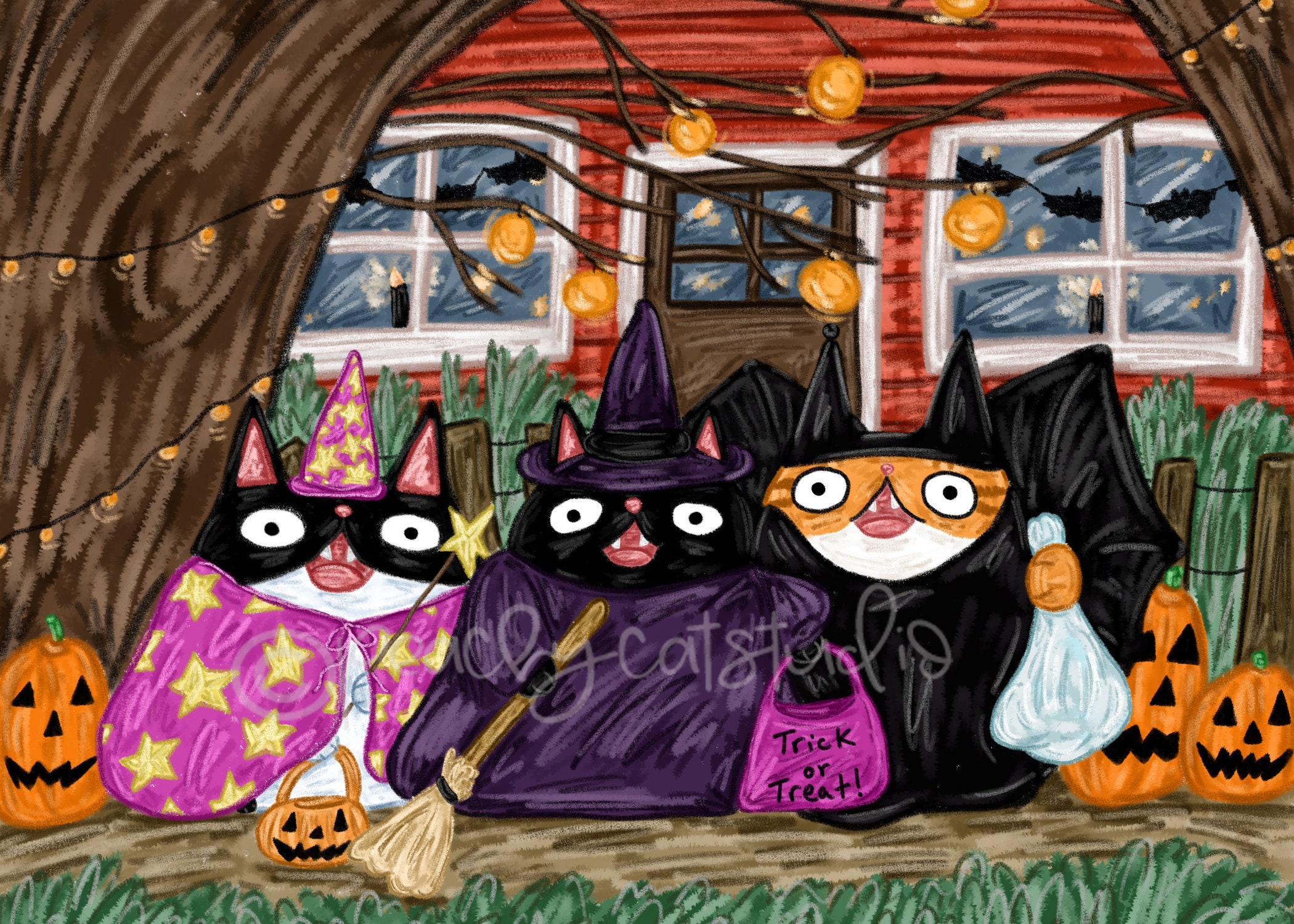 Halloween Cat Art Trick or Treating Art Halloween Print - Etsy