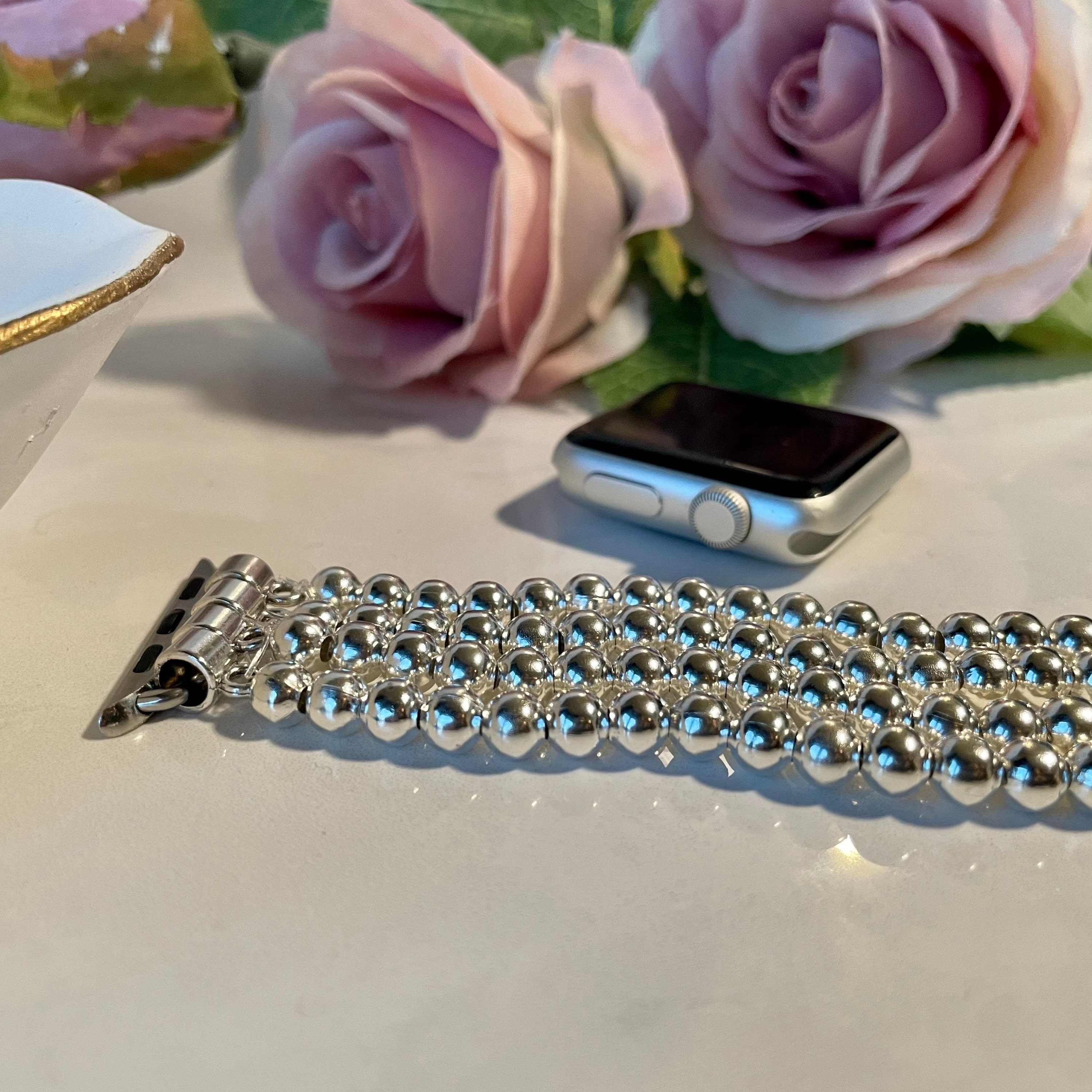 Shiny Silver Beaded Apple Band, Silver Apple Watch Band | Beaded Watch ...