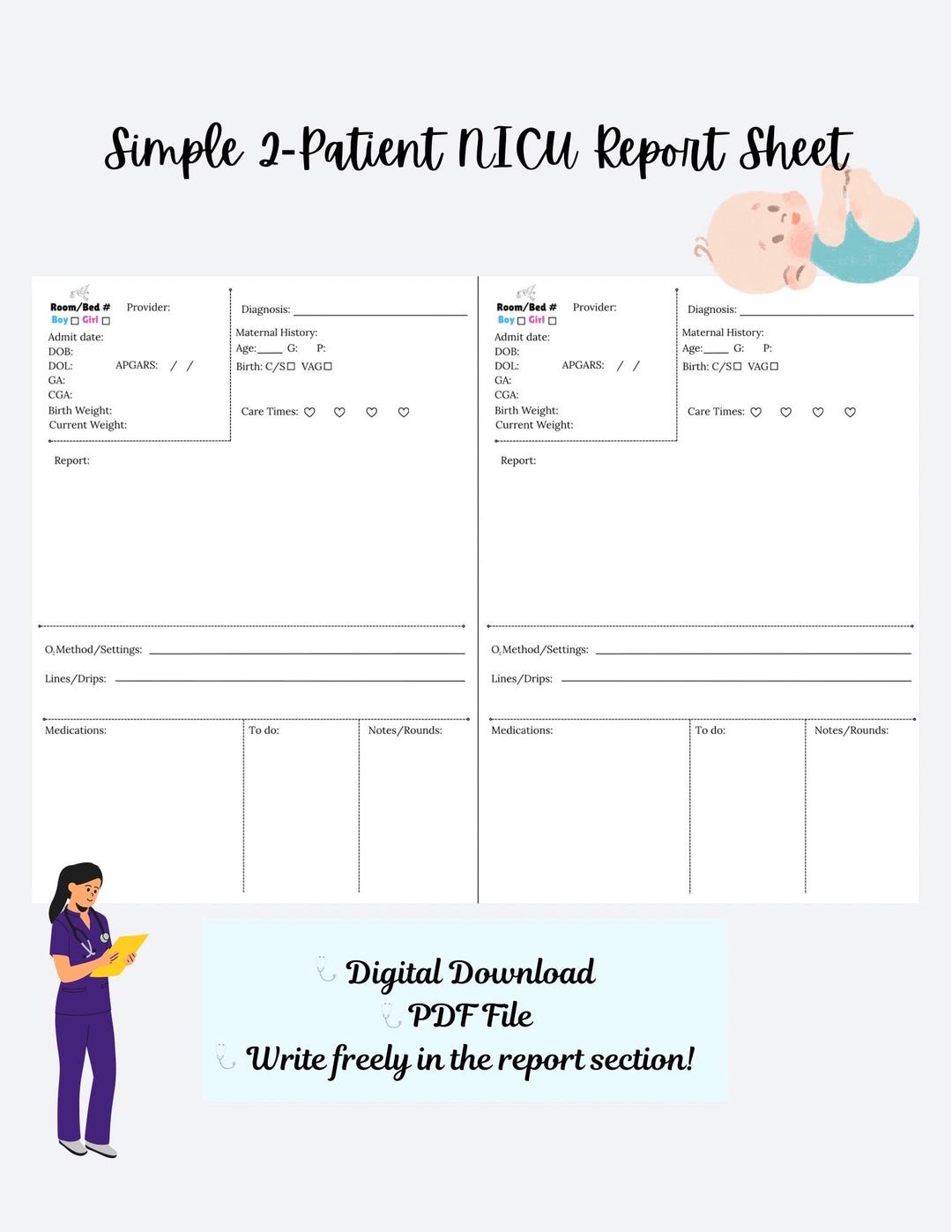 2-patient NICU Nurse Report Sheet Neonatal ICU RN - Etsy