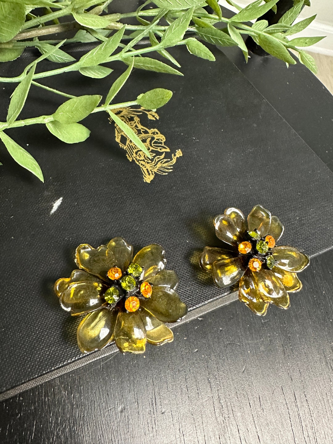 Vintage Bakelite and Rhinestone Flower Clip on Earrings - Etsy