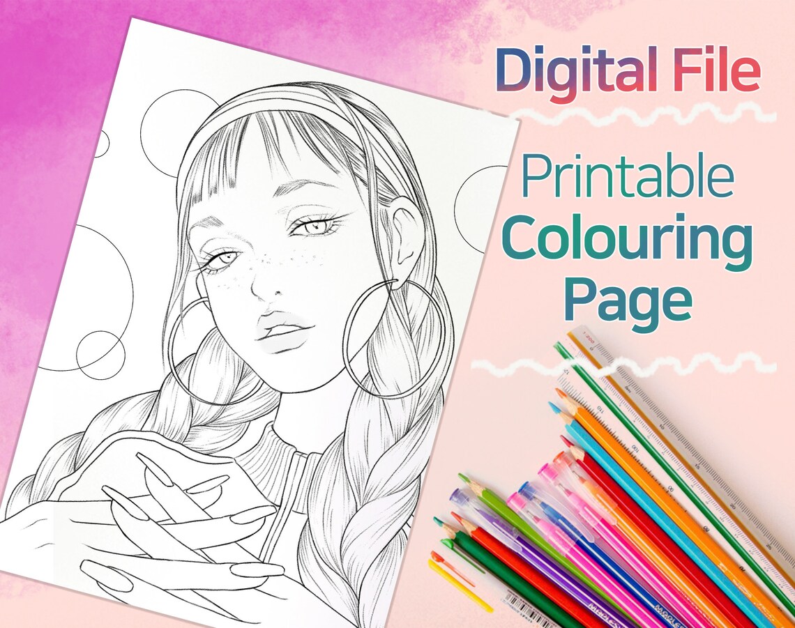 Retro Girl Coloring Page for Adults - Printable Coloring Page - Etsy
