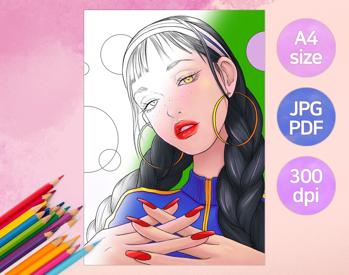 Retro Girl Coloring Page for Adults - Printable Coloring Page - Etsy