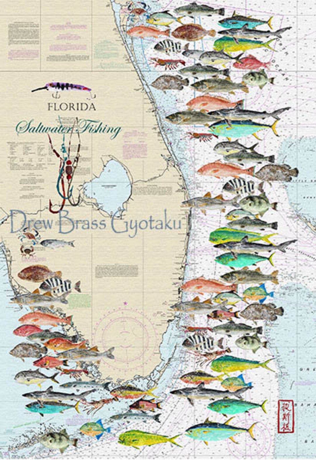 Fishing Chart - Gyotaku Fish Rubbing - Digital Art - Fine Art Print 13 ...