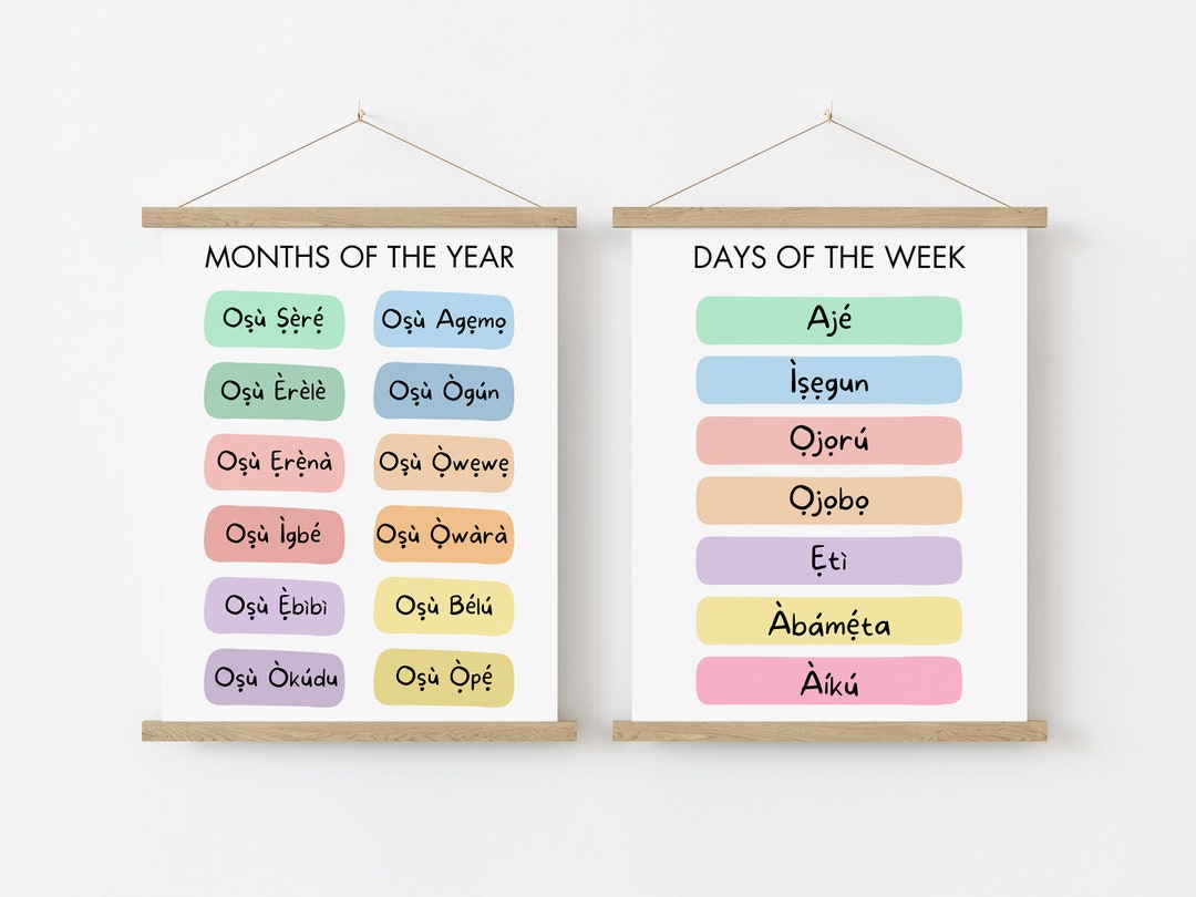 Yoruba Days of the Week, Months of the Year, Educational, Nursery Print ...