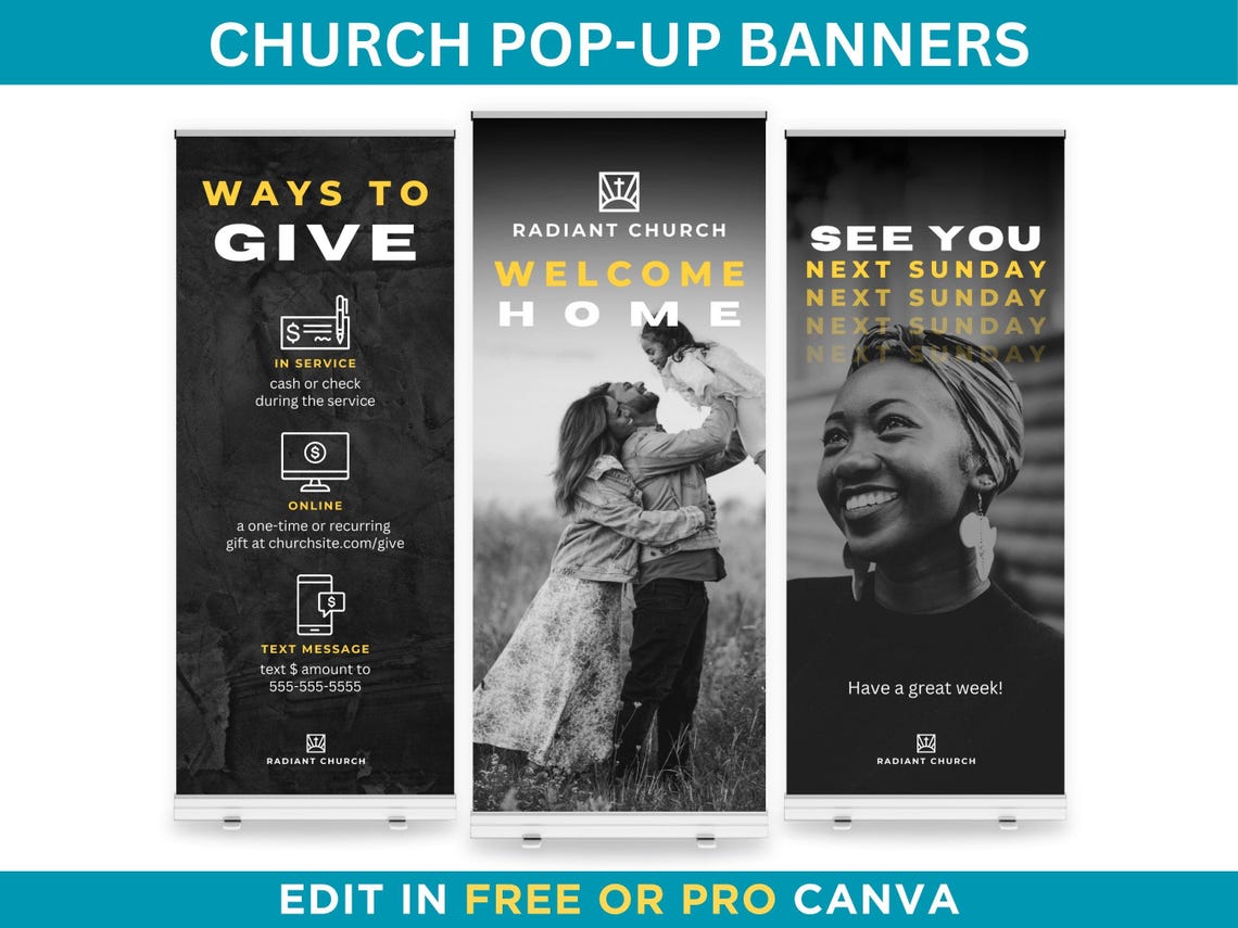 Church Retractable Banner Canva Template Black and White Banner ...