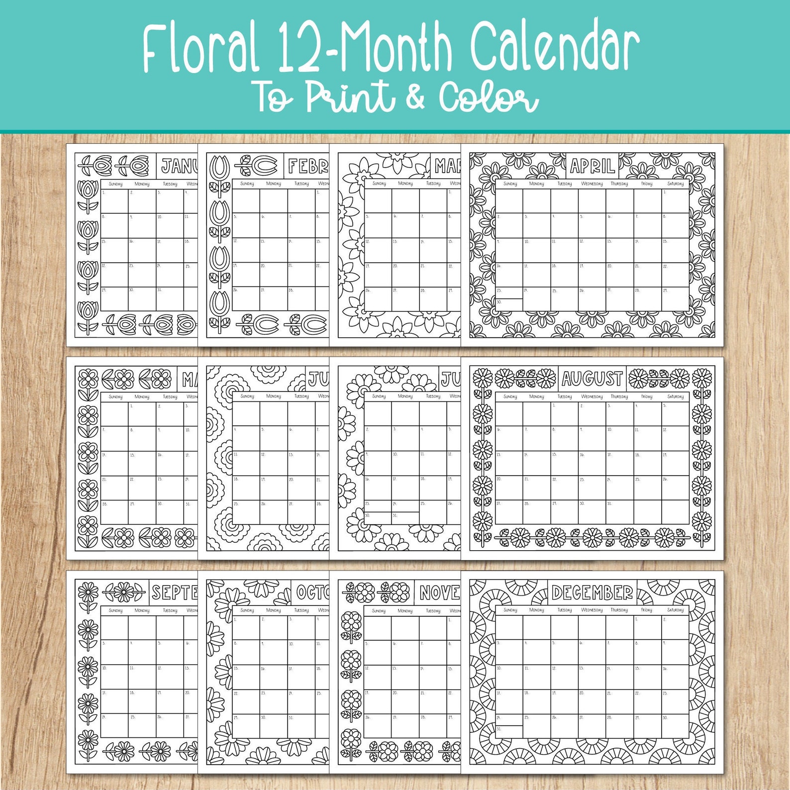 Digital Download, Printable Calendar 2023 Monthly, Floral Calendar 2023 ...