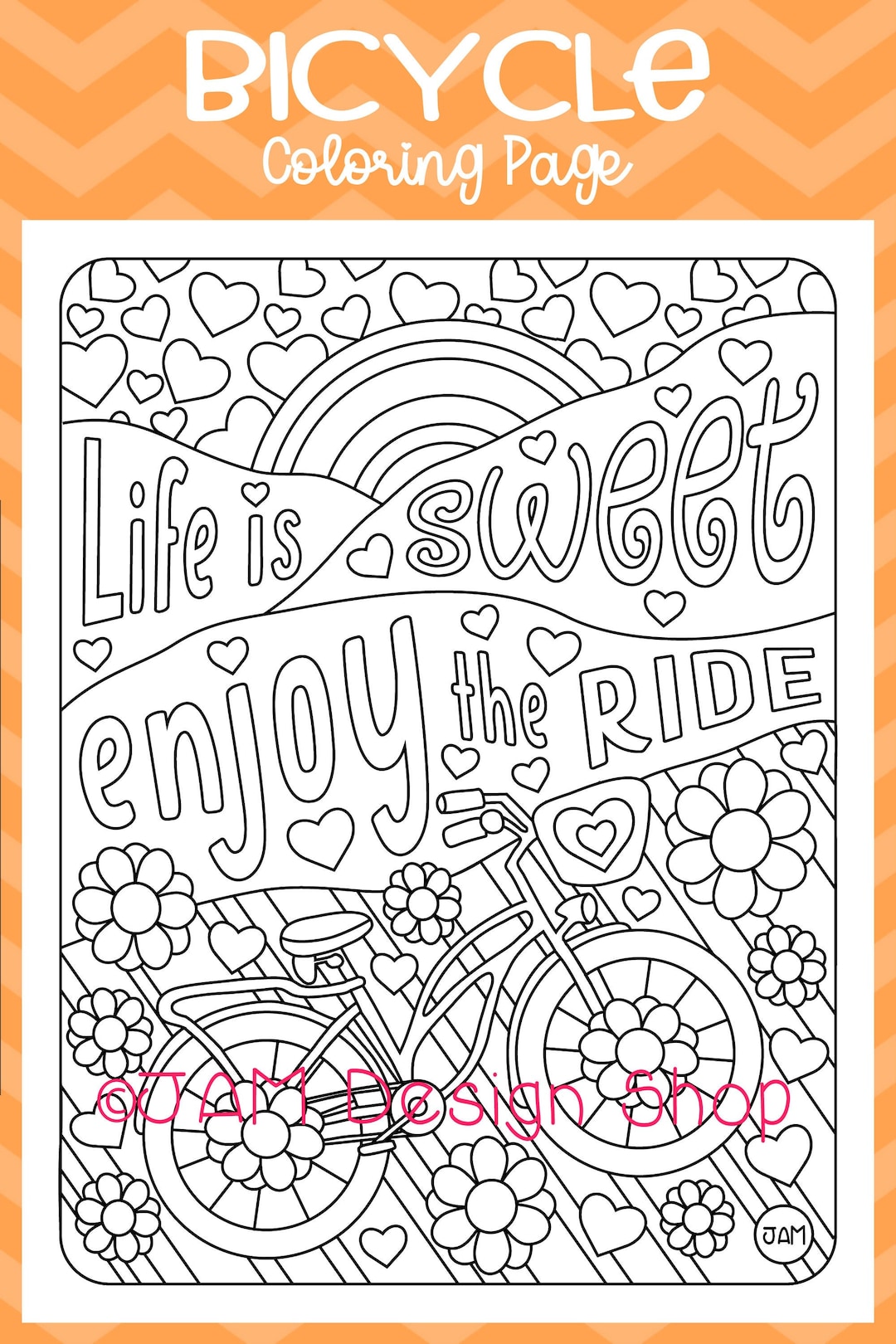 Bicycle Art, Coloring Page, Positive Vibes, Mindfulness Gift, Cute ...