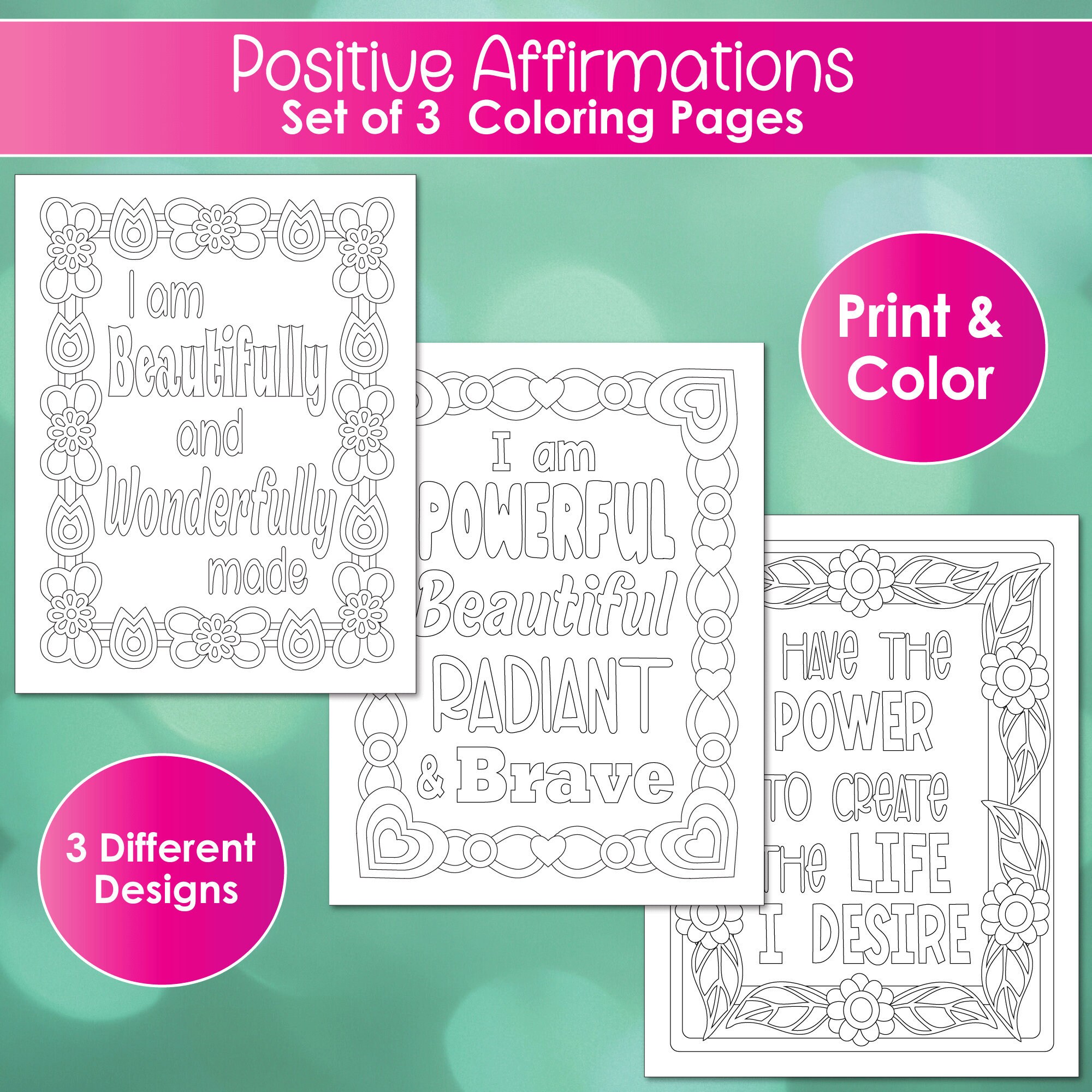 Set of 3 Positive Affirmation Coloring Pages, Printable Coloring Page ...