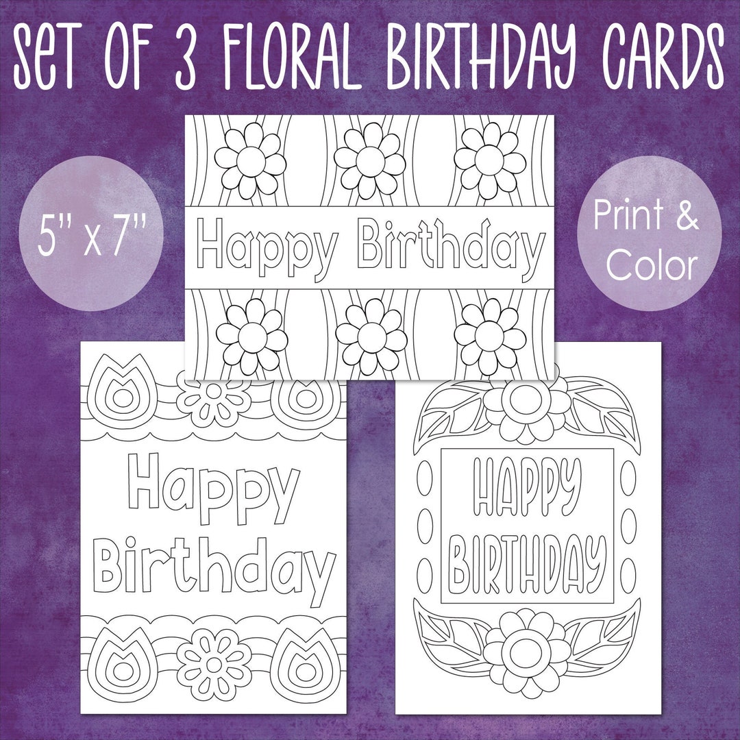Set of 3 Floral Birthday Cards, Printable Birthday Card, Floral ...
