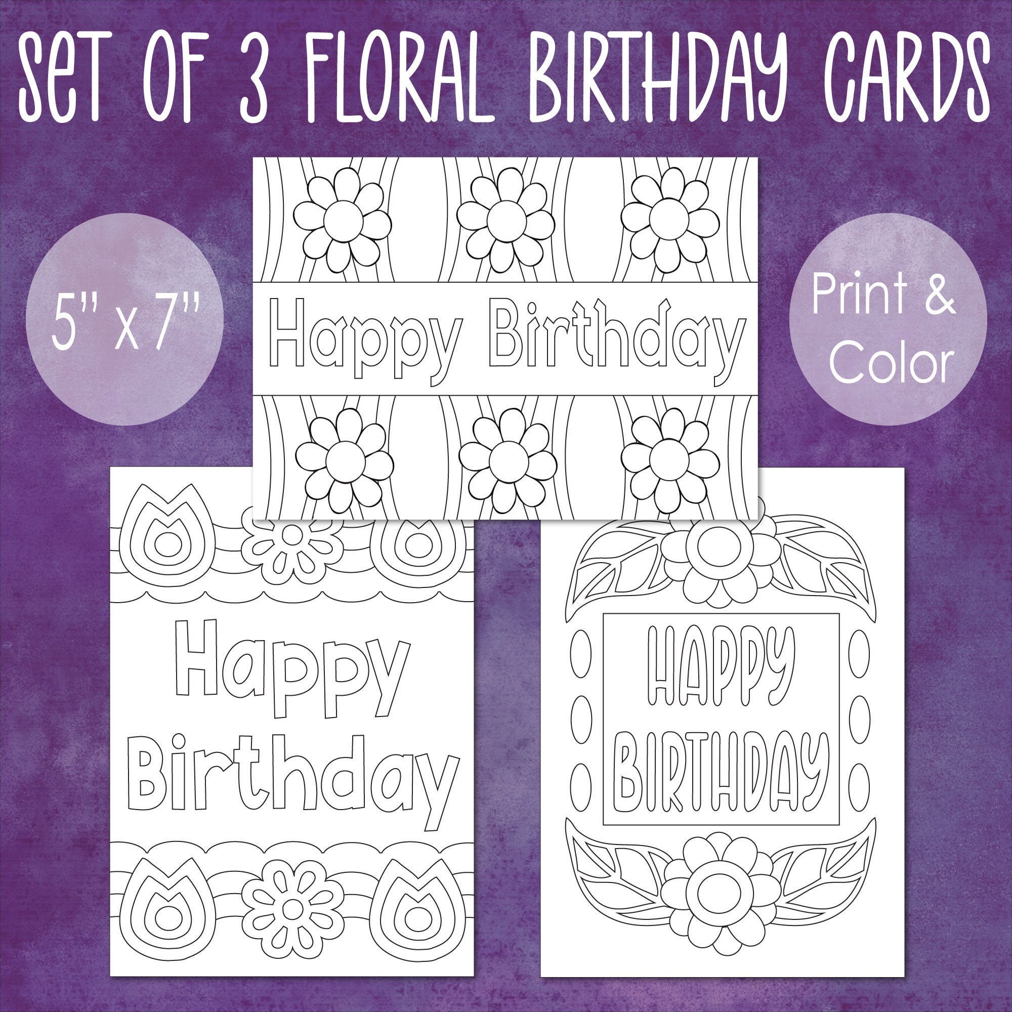 Set of 3 Floral Birthday Cards, Printable Birthday Card, Floral ...