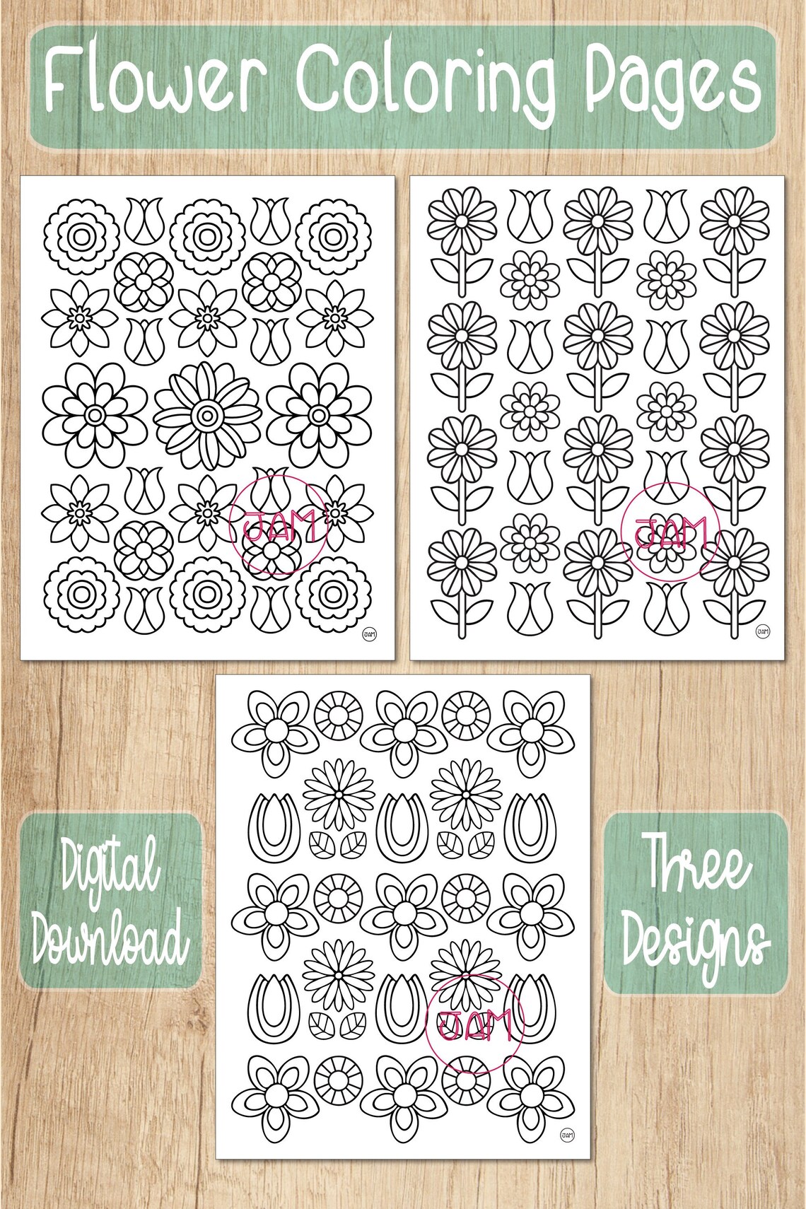 3 Flower Coloring Pages Adult Coloring Pages Printable - Etsy