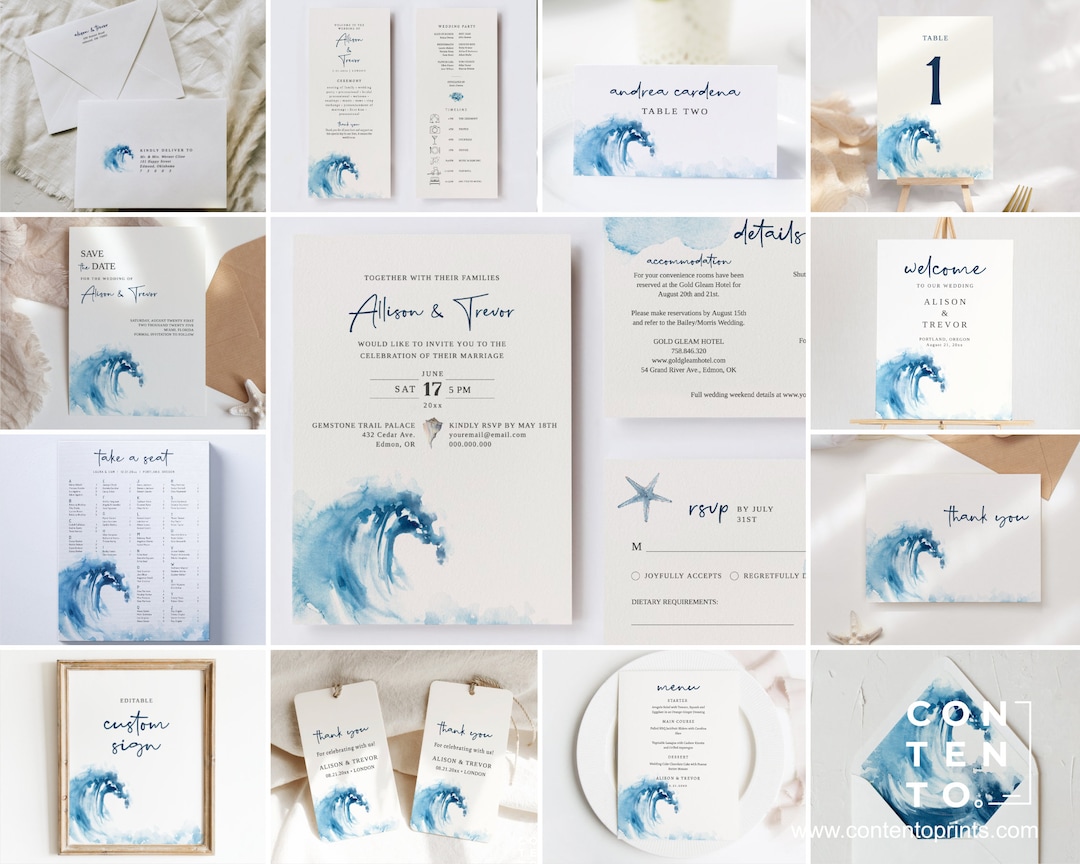 EDITABLE Ocean Wedding Stationery Templates Bundle, 0012AA - Etsy