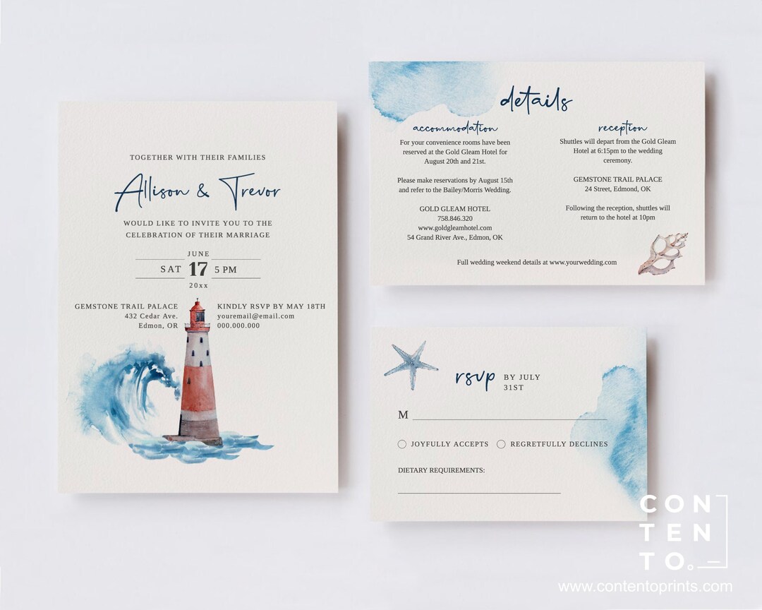 EDITABLE Lighthouse Wedding Invitation Template Set 0012AA - Etsy