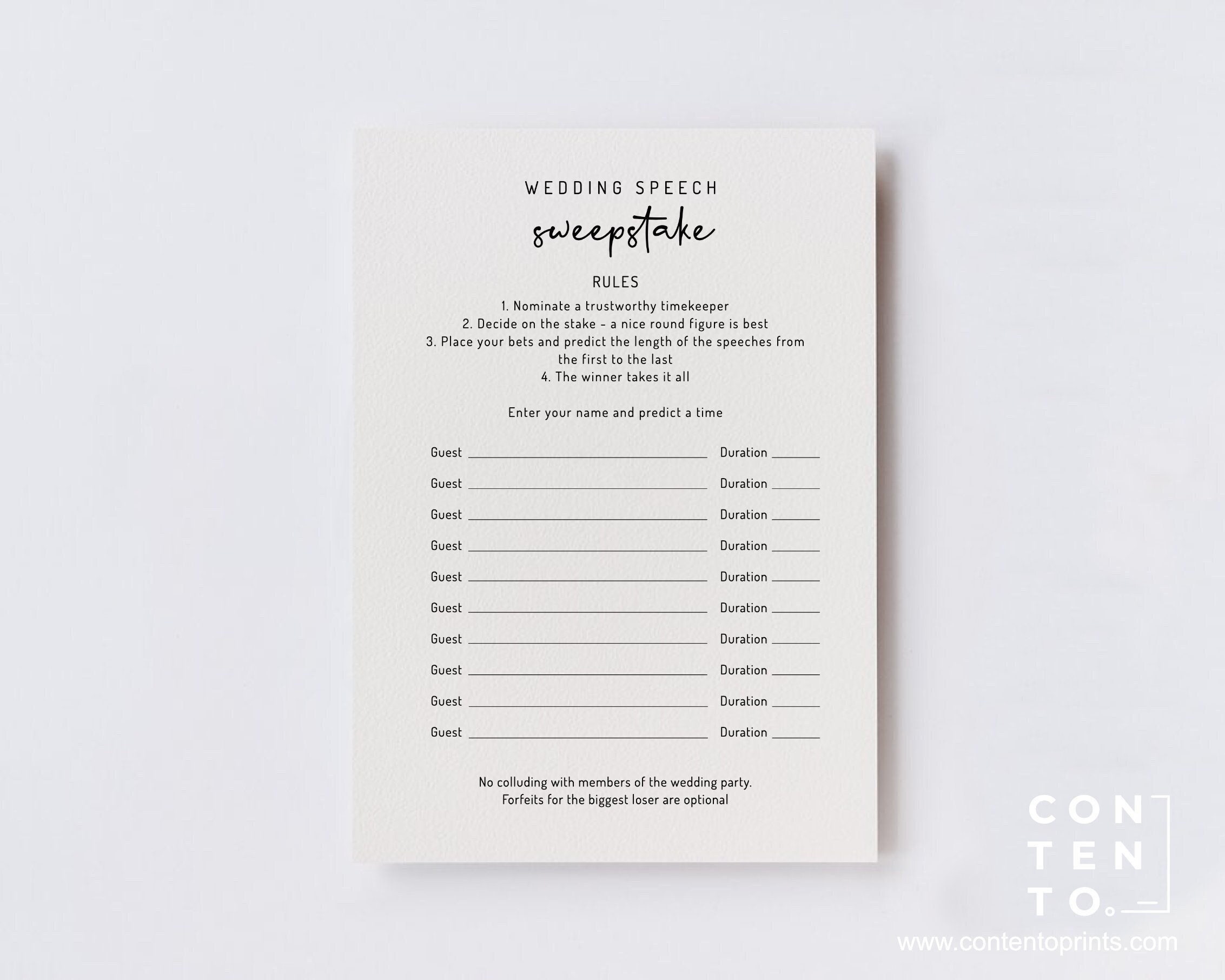 EDITABLE Wedding Speech Sweepstake, Minimalist Wedding Game Template ...