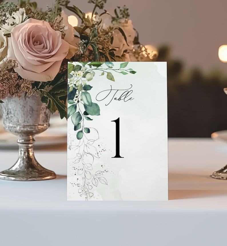 EDITABLE | Eucalyptus and Silver Table Number Template, 0005AA - Etsy