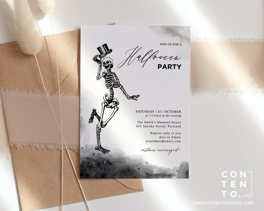 EDITABLE Halloween Party Invitation, Skeleton Invitation Template ...