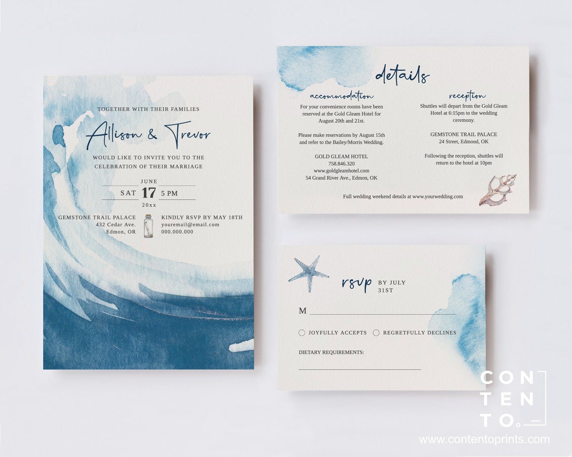 EDITABLE Ocean Wedding Invitation Template Set Sea Wedding - Etsy