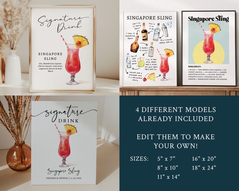 EDITABLE | Singapore Sling Bar Sign Template, 0042AA - Etsy
