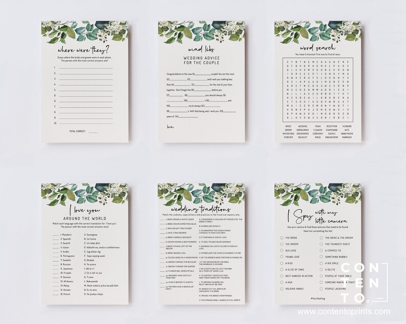 EDITABLE Eucalyptus Greenery Wedding Games Template Bundle - Etsy