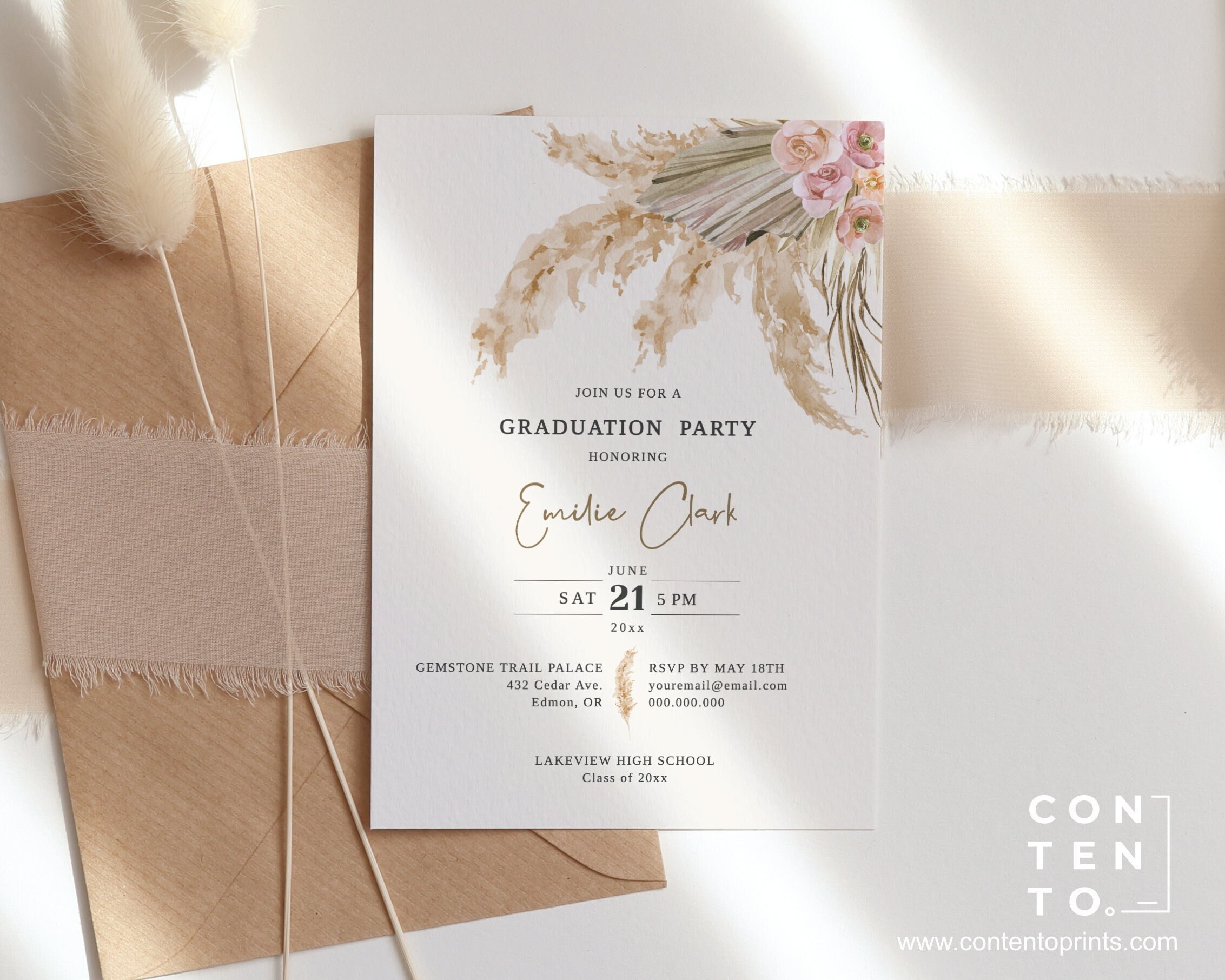 EDITABLE Pampas Grass Graduation Party Invitation Template - Etsy