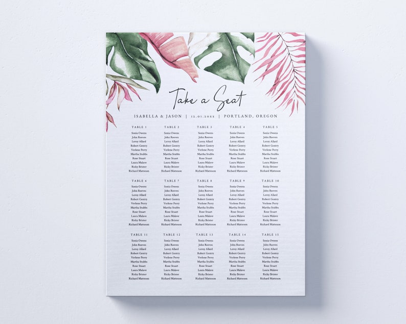 EDITABLE Tropical Seating Chart Template Seating Plan | Etsy
