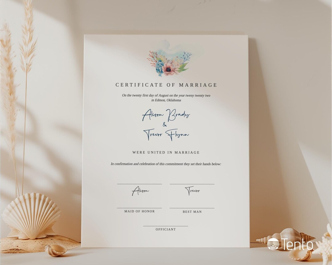 EDITABLE | Coral Certificate of Marriage Template, 0035AA - Etsy