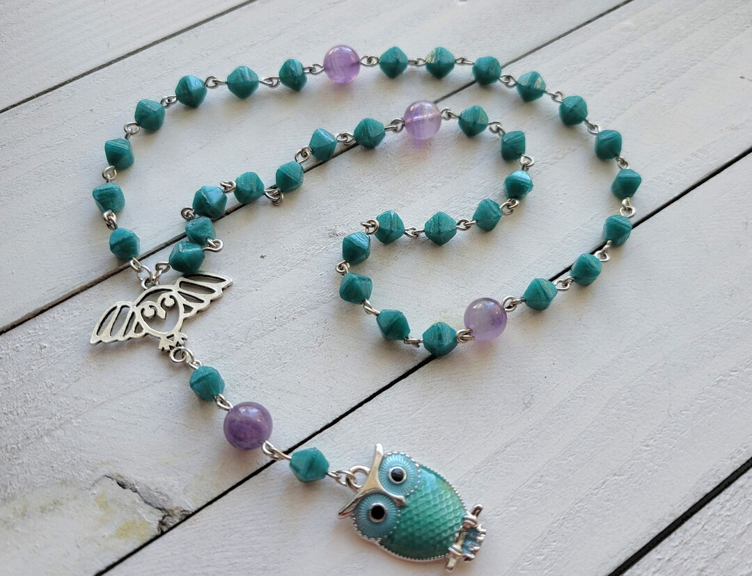 Athena/minerva Inspired Amethyst & Teal Bead Owl Charms Hellenic Greek ...
