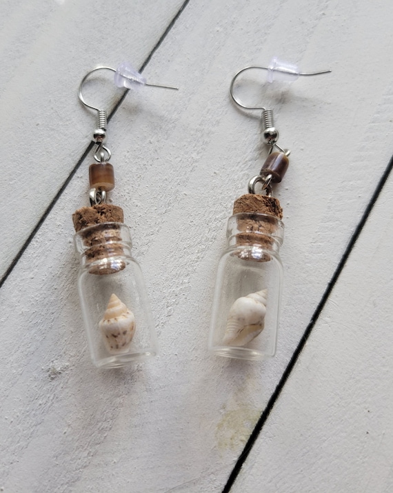 Mini Conch Shell in Glass Bottle Drop Earrings - Etsy
