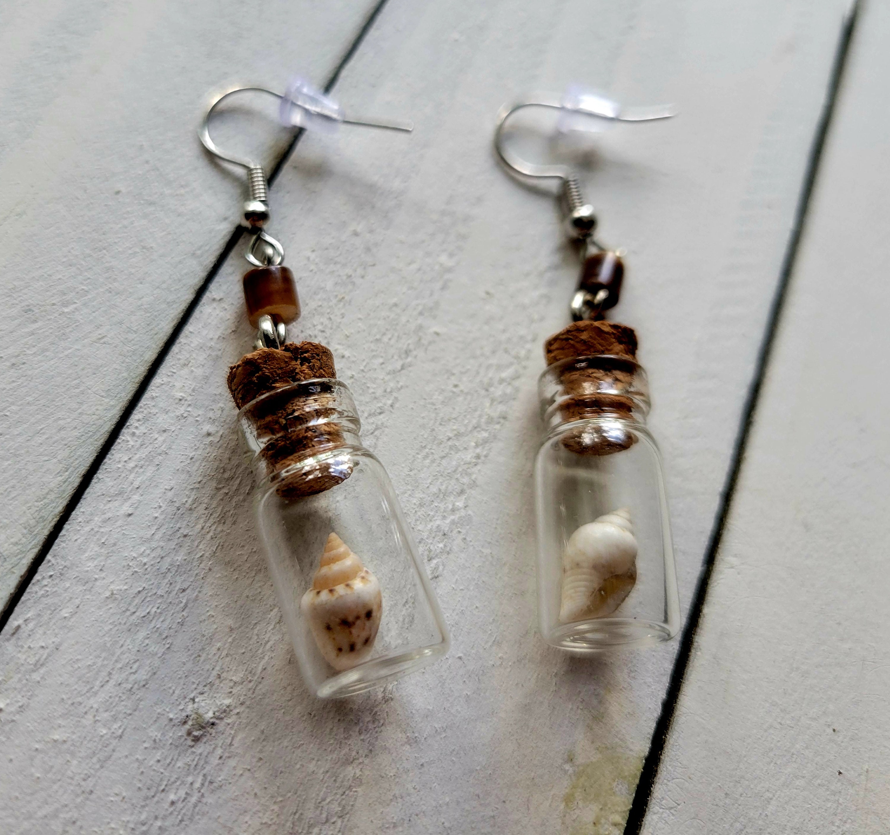 Mini Conch Shell in Glass Bottle Drop Earrings - Etsy