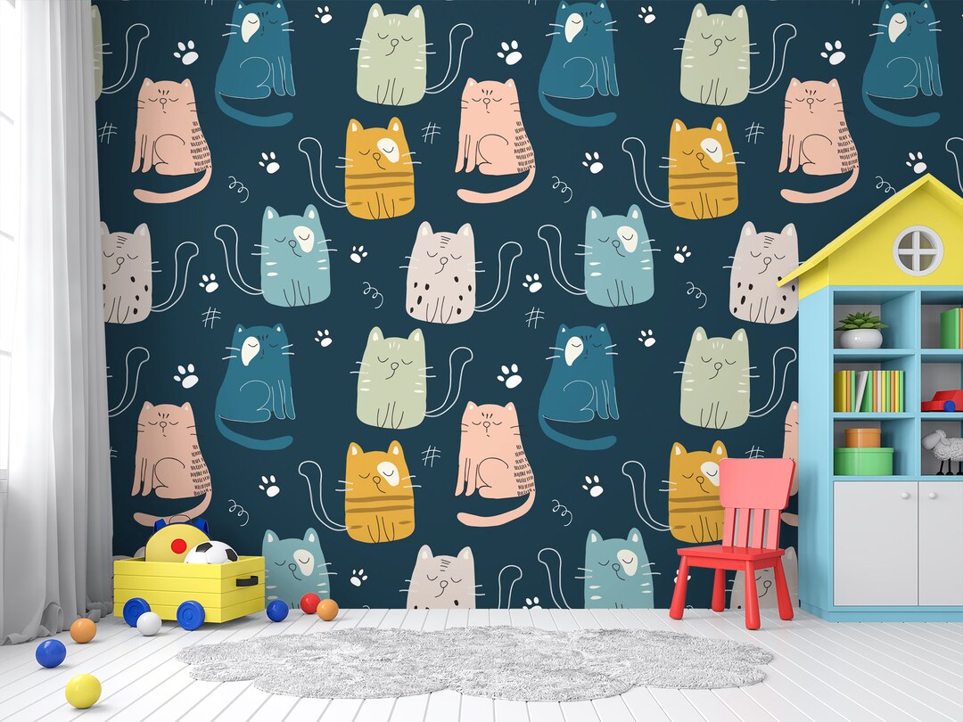 Cute Cat Wallpaper, Colorful Cats Pattern, Navy Blue Background | Peel ...