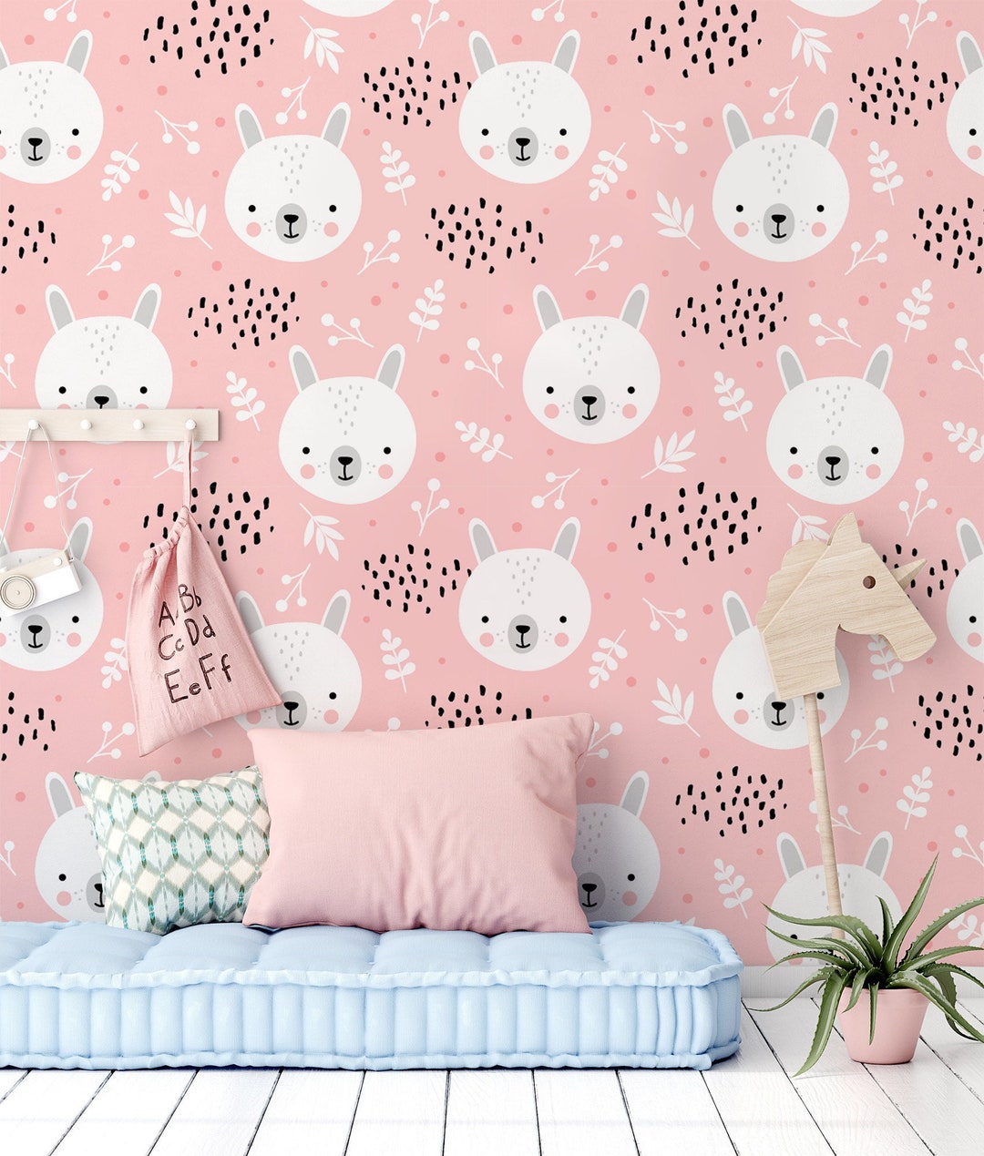 Bunny Cute Pattern, Animal Wallpaper, Removable, Nursery Wall Art, Self ...