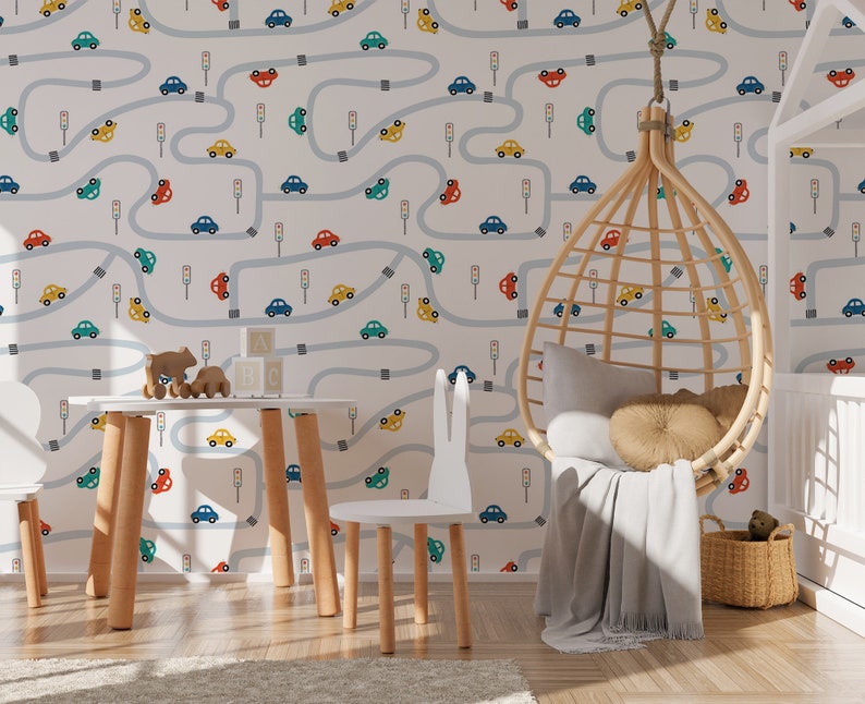 Cute Wallpaper With Mini Car, White Background, Nursery Wall Mural ...