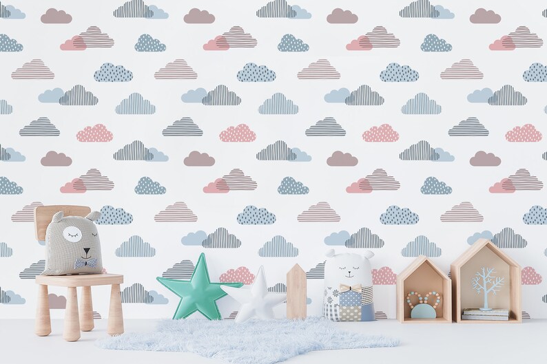 White Wallpaper With Blue and Pink Clouds, Wallpaper for Kids, Nursery ...