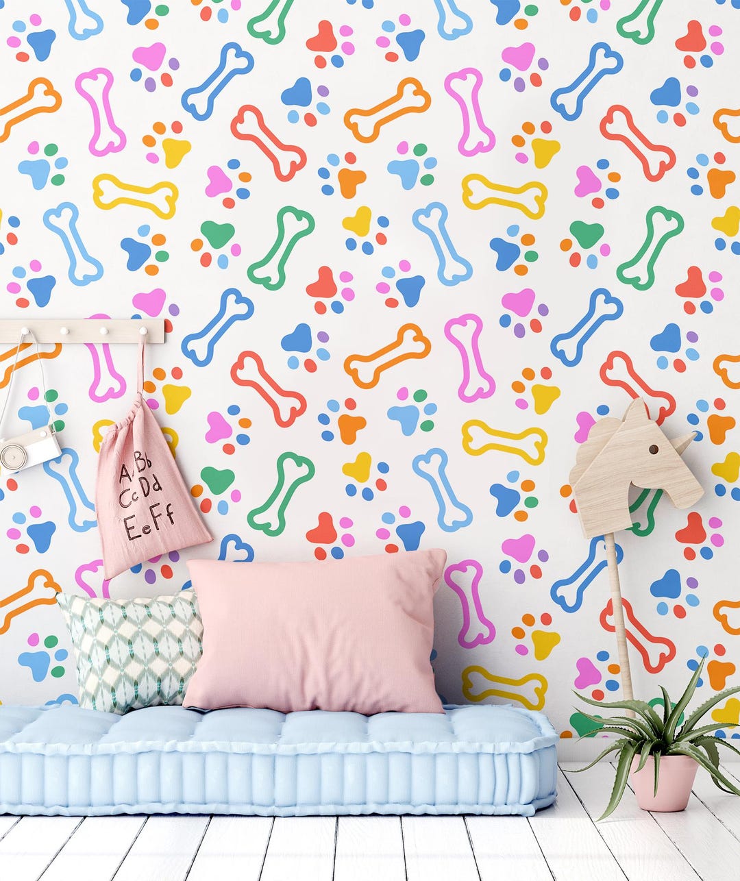 Fun Colorful Wallpaper, Dog Footprint With Bone Wall Decor, Nursery ...