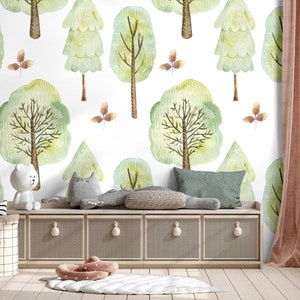 Watercolor Tree and Acorn Pattern Wallpaper, Forest Nature Motive ...