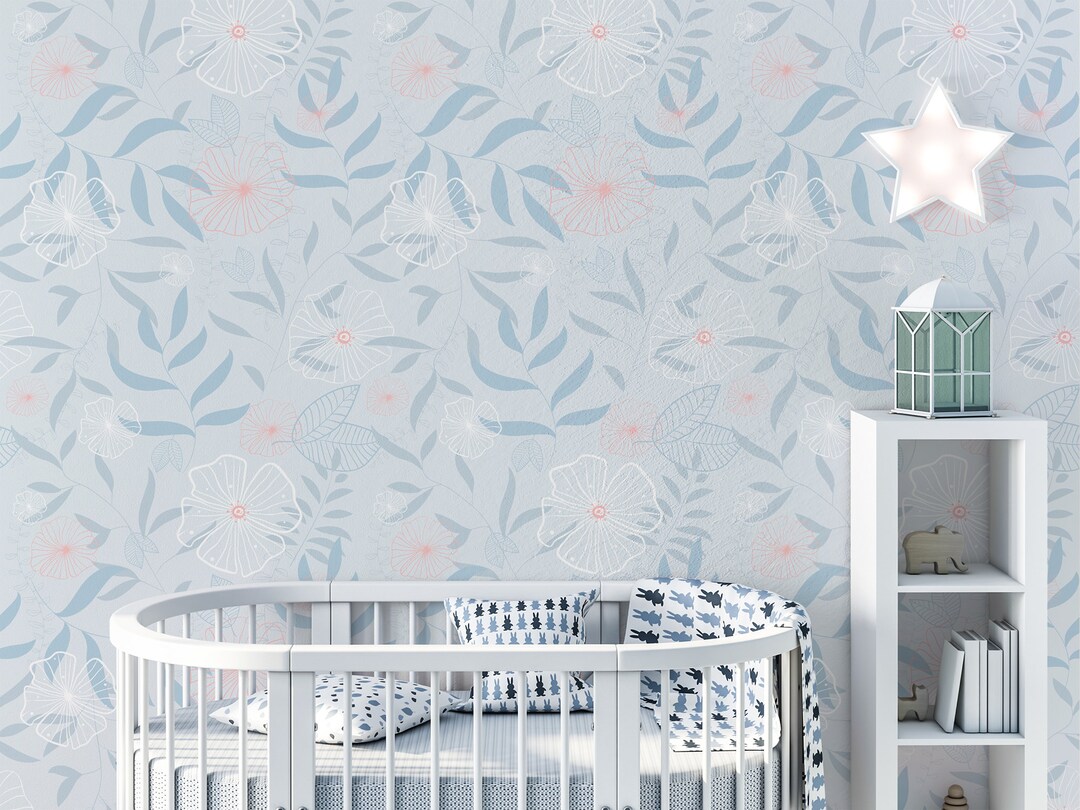 Baby Blue Floral Wallpaper With Linear White Flowers and Leaves ...