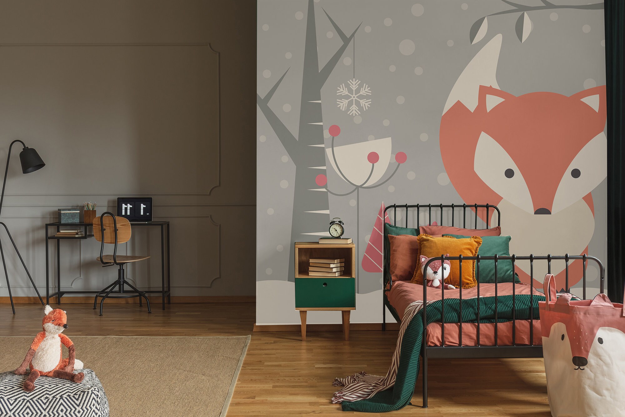 Gray Cartoon Wallpaper with Fox Animal Motif Wallpaper for | Etsy