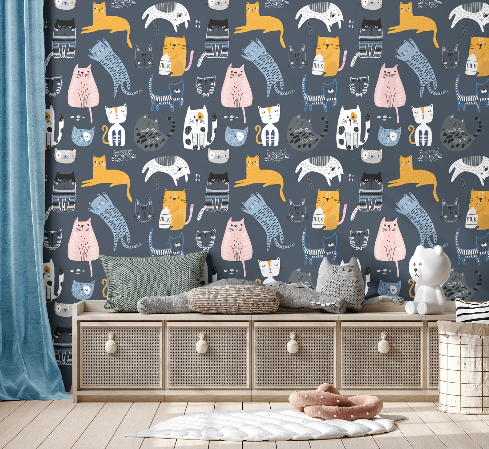 Wallpaper with cute colorful cats navy blue background | Etsy