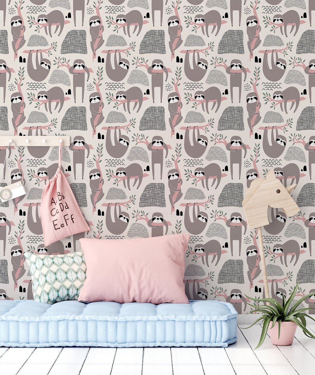 Sloth Animal Wallpaper, Leaf Pattern, Wall Art, Nursery Wall Mural ...