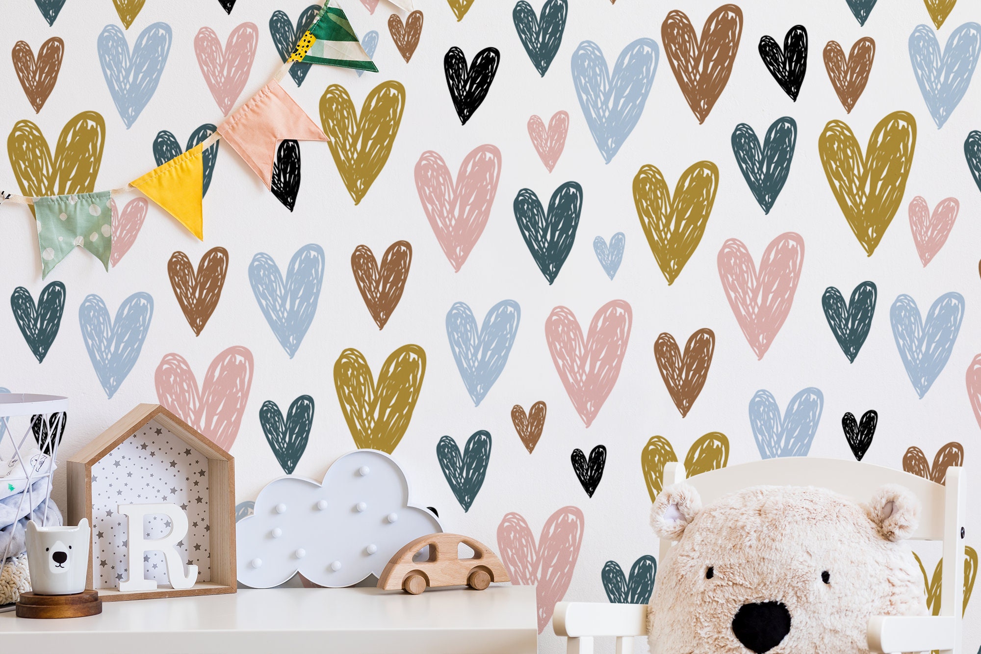 Wallpaper With Hand Drawn Hearts Wallpaper for Kids Nursery | Etsy
