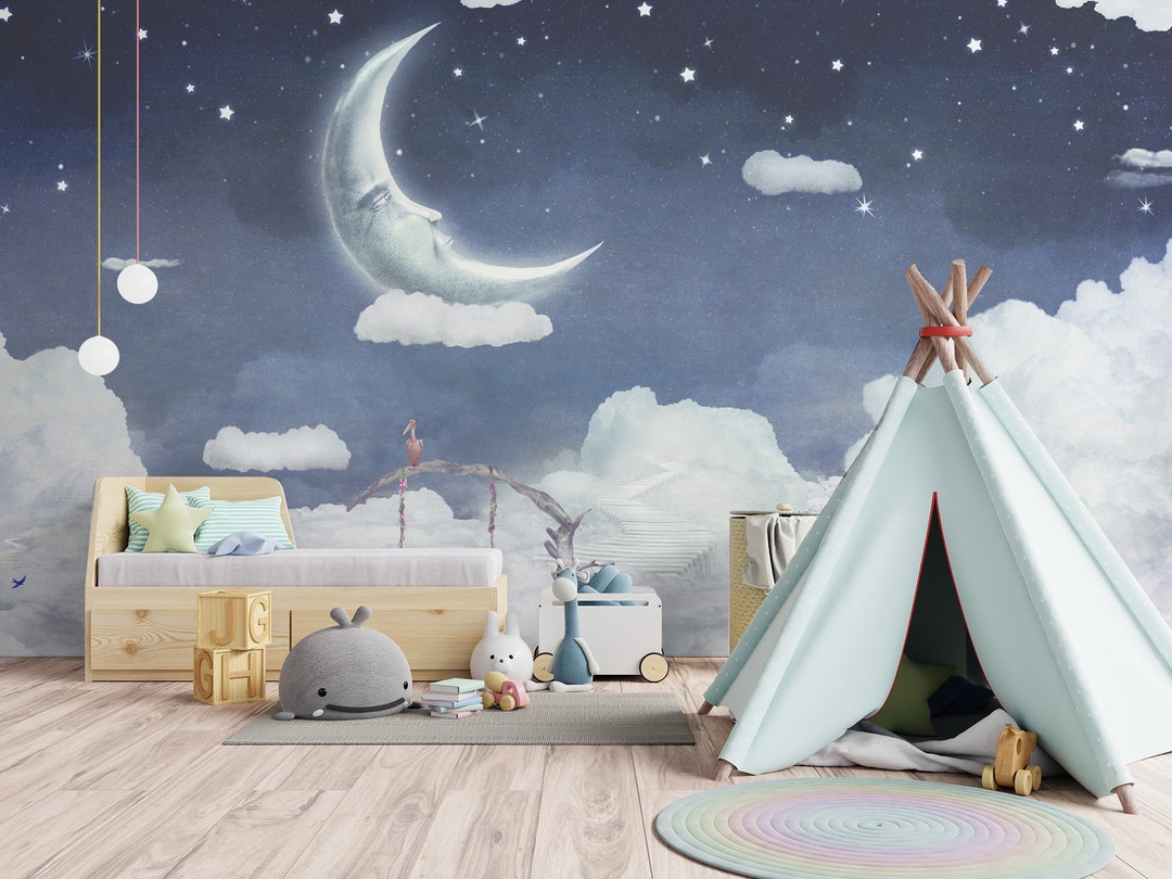 Watercolor Magical Night Mural, Moon and Stars, Wallpaper for Kids ...