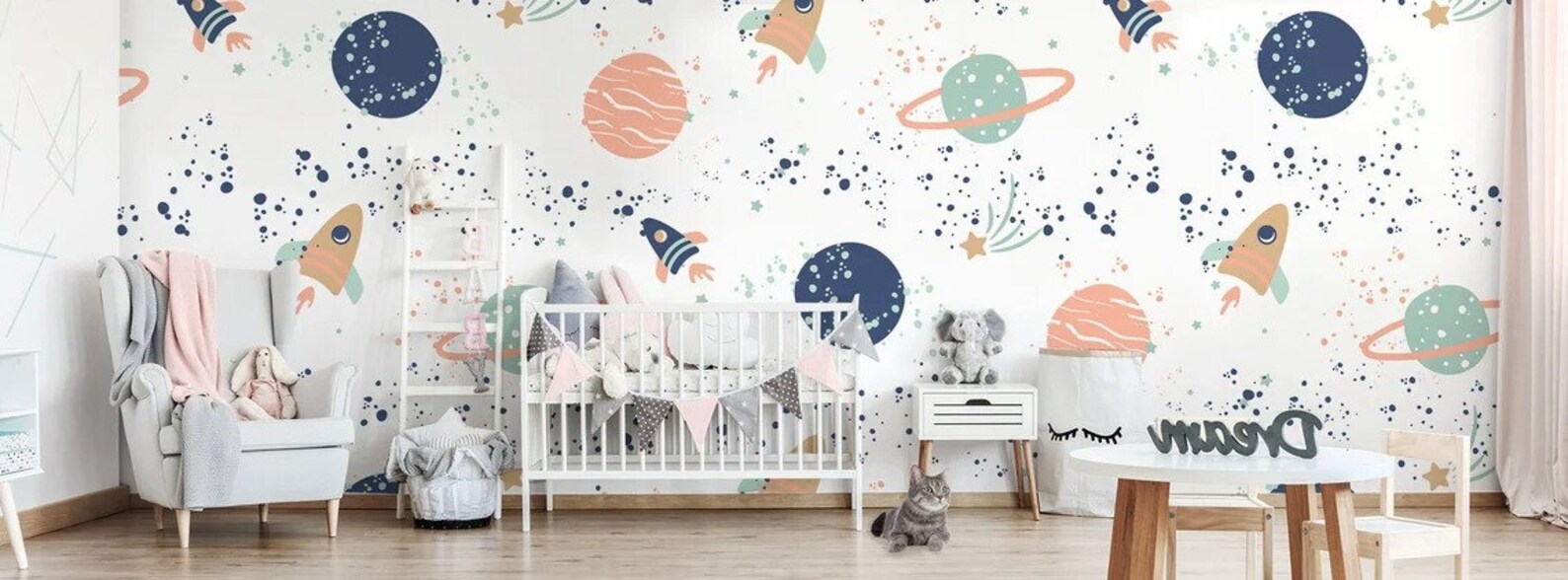 White Vector Space Wallpaper, Planets & Stars Mural, Wallpaper for Kids ...