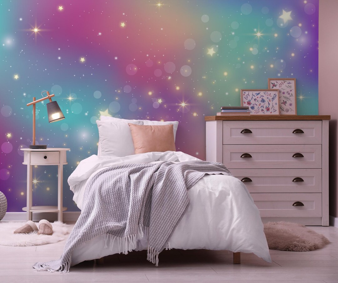 Rainbow Fantasy Wallpaper, Sky With Stars Wall Decor, Nursery Removable ...